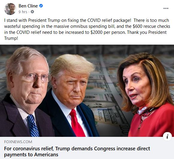 Cline claims to back $2,000 relief payments, then votes NO – Cline Watch